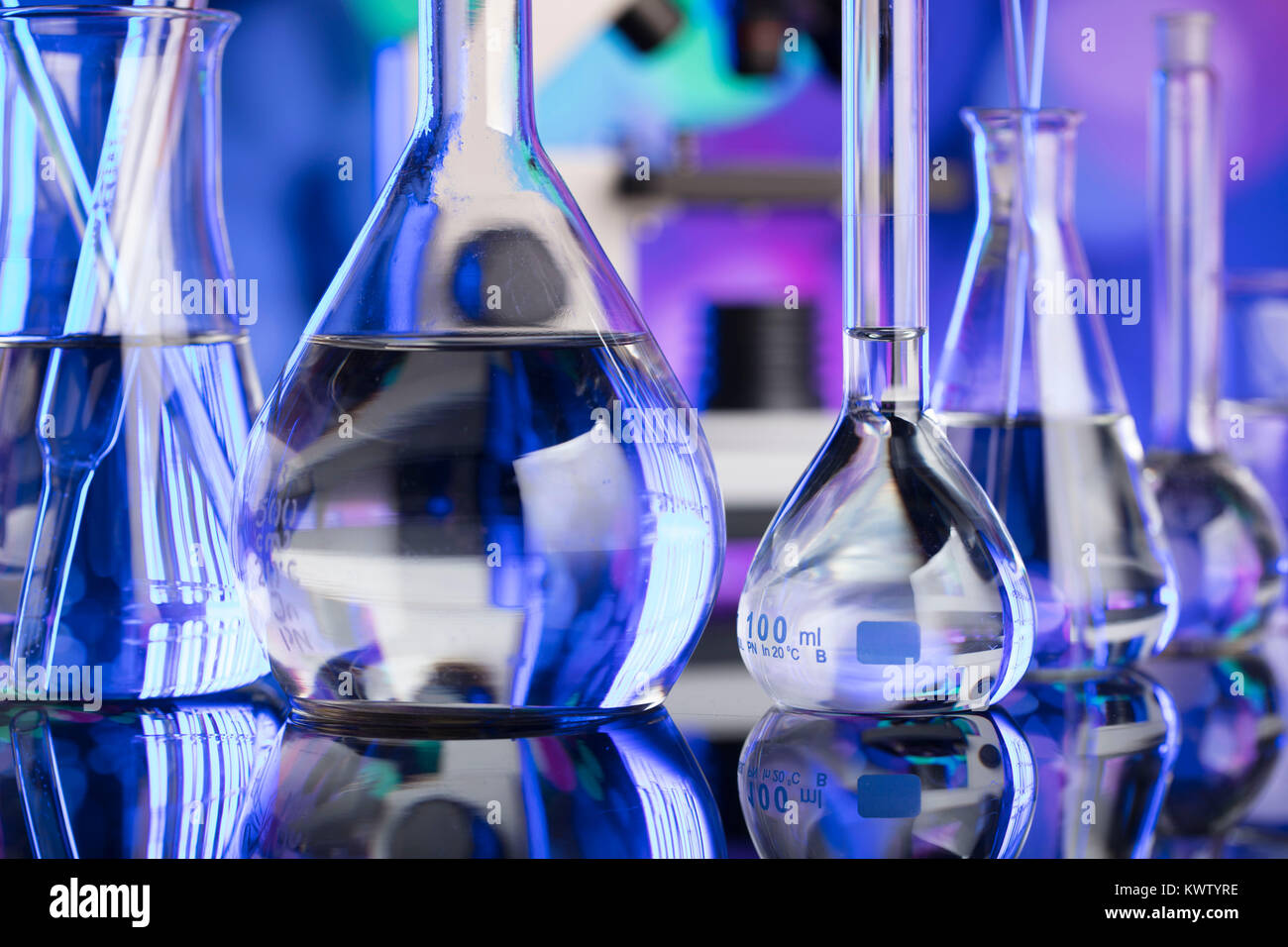 Science experiment concept with bokeh background, laboratory beakers ...