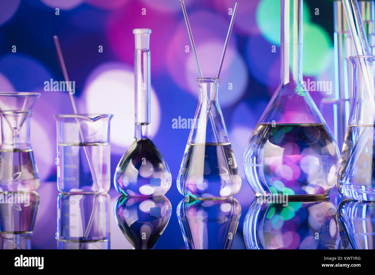 Science experiment concept with bokeh background, laboratory beakers ...