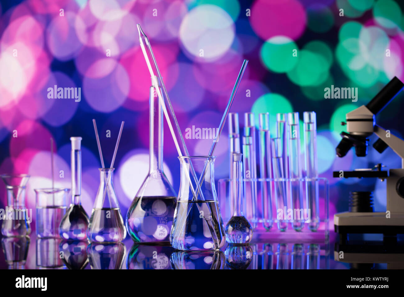 Science experiment concept with bokeh background, laboratory beakers ...