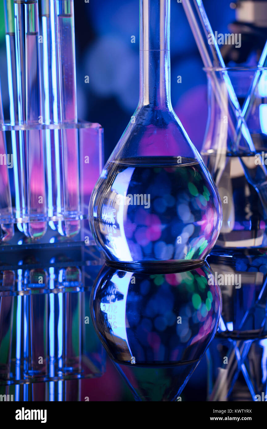 Science experiment concept with bokeh background, laboratory beakers ...