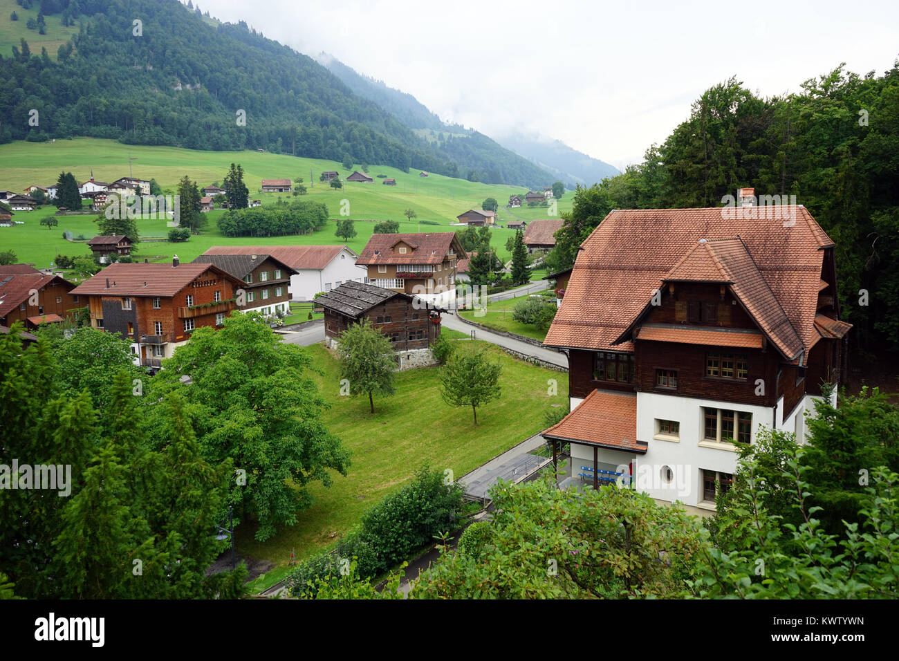 FLUELI-RANFT, SWITZERLAND - CIRCA AUGUST 2015 Main street of village ...