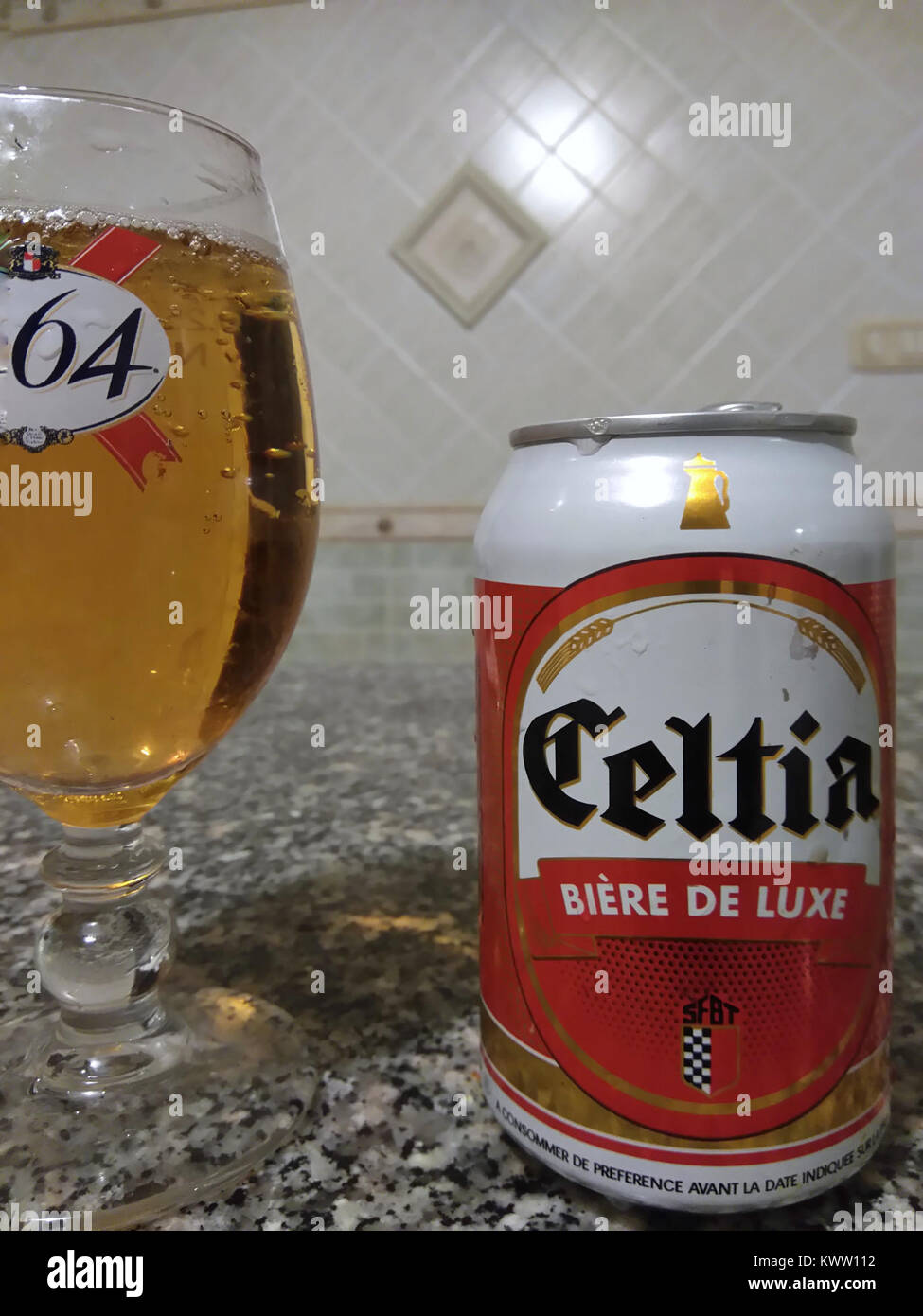 A photograph of a Tunisian beer, Celtia, taken in April 2017. Celtia is ...