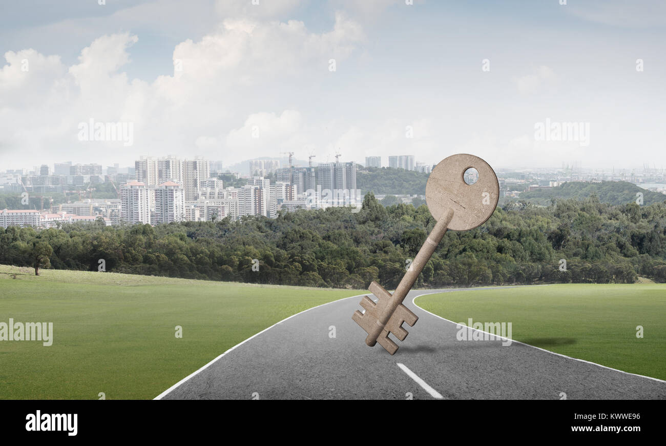 Conceptual background image of concrete key sign on asphalt road Stock ...