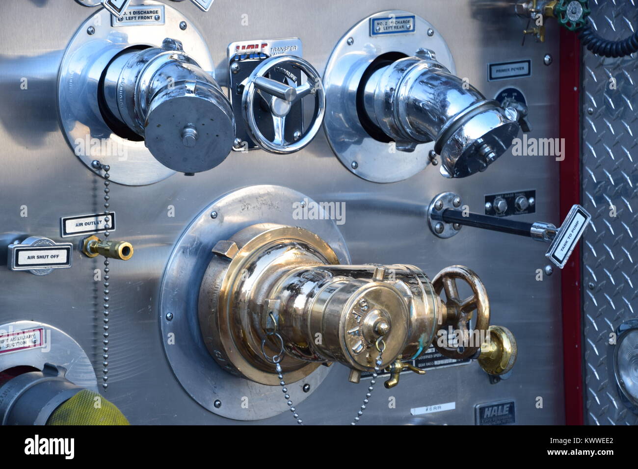 Detail of firehose couplings on a San Francisco Fire Department fire ...