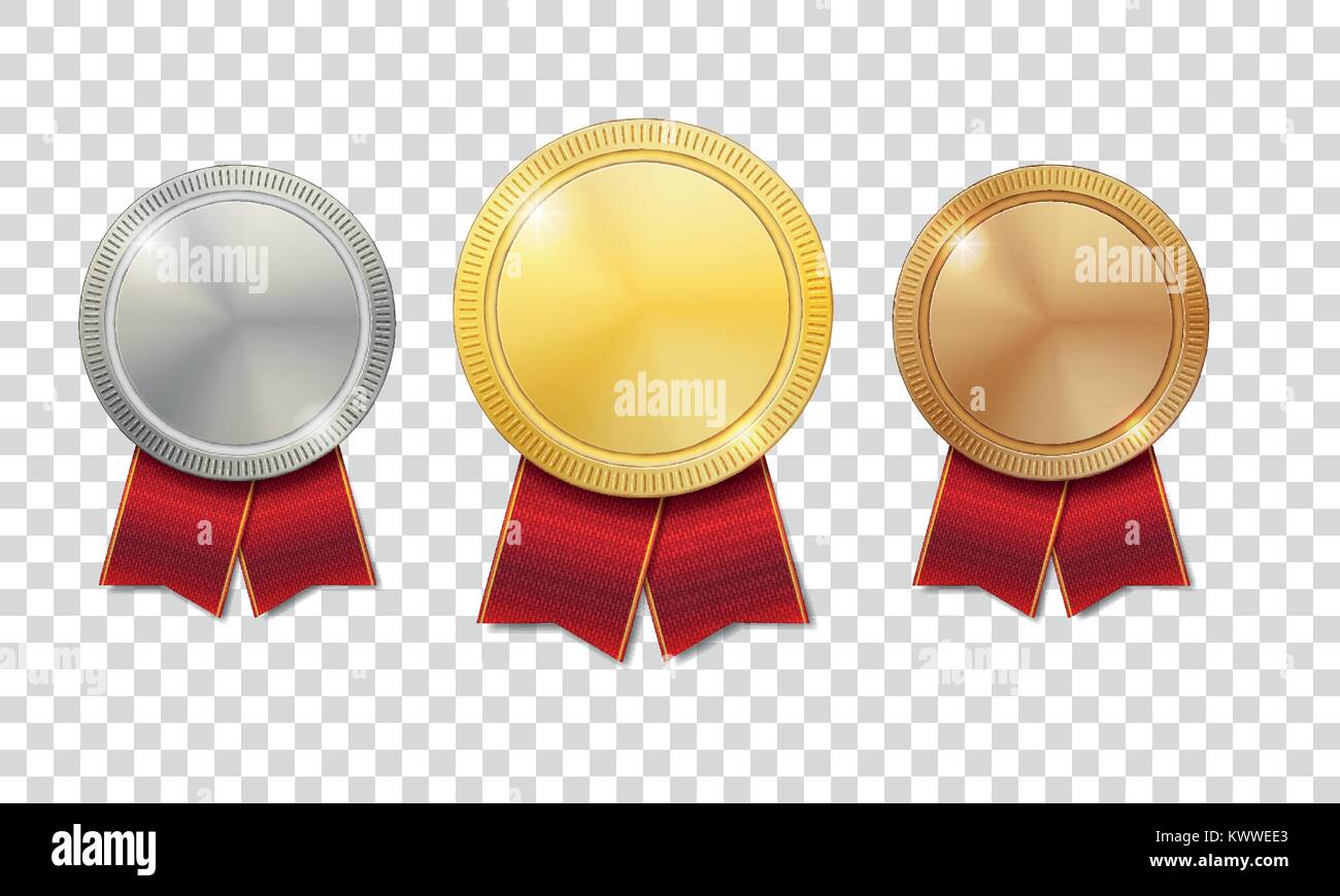 Gold, silver and bronze shiny medals with red ribbons isolated on ...