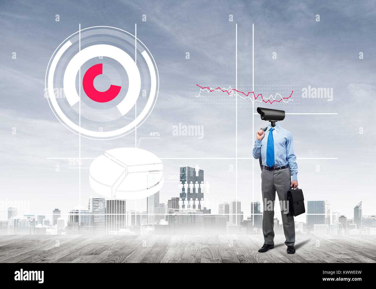 Camera headed man standing on wooden floor against modern cityscape ...