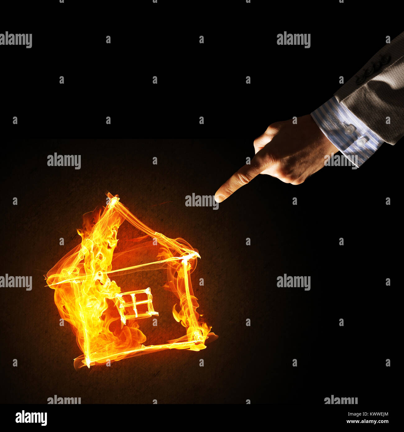 Businessman hand pointing at burning fire symbol Stock Photo - Alamy