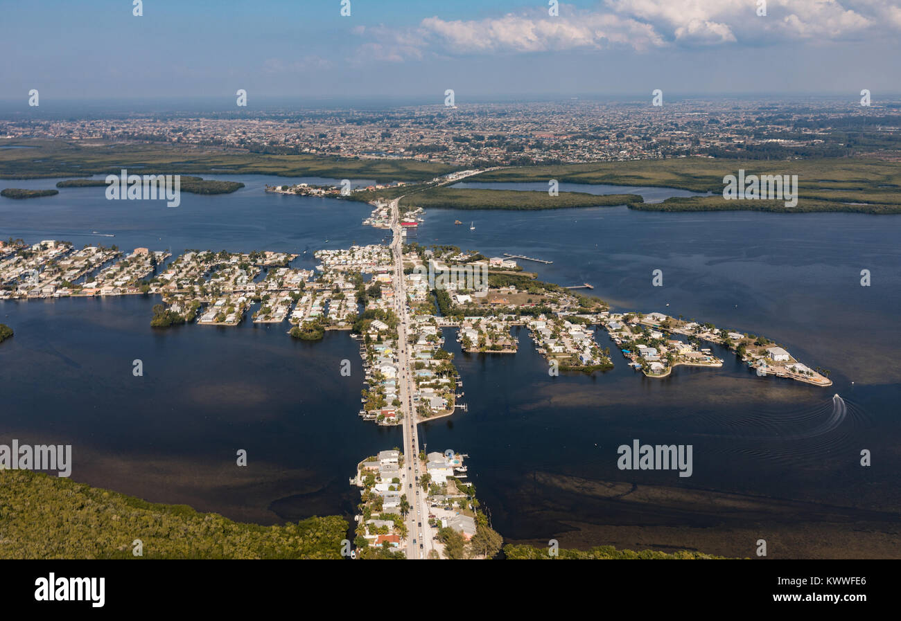 An aerial view of the historic Florida town Matlacha and bridge ...
