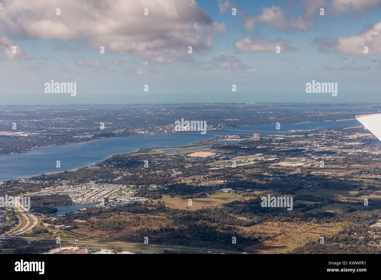 Aerial view of city Bradenton, Florida. Approach to land at the airport ...