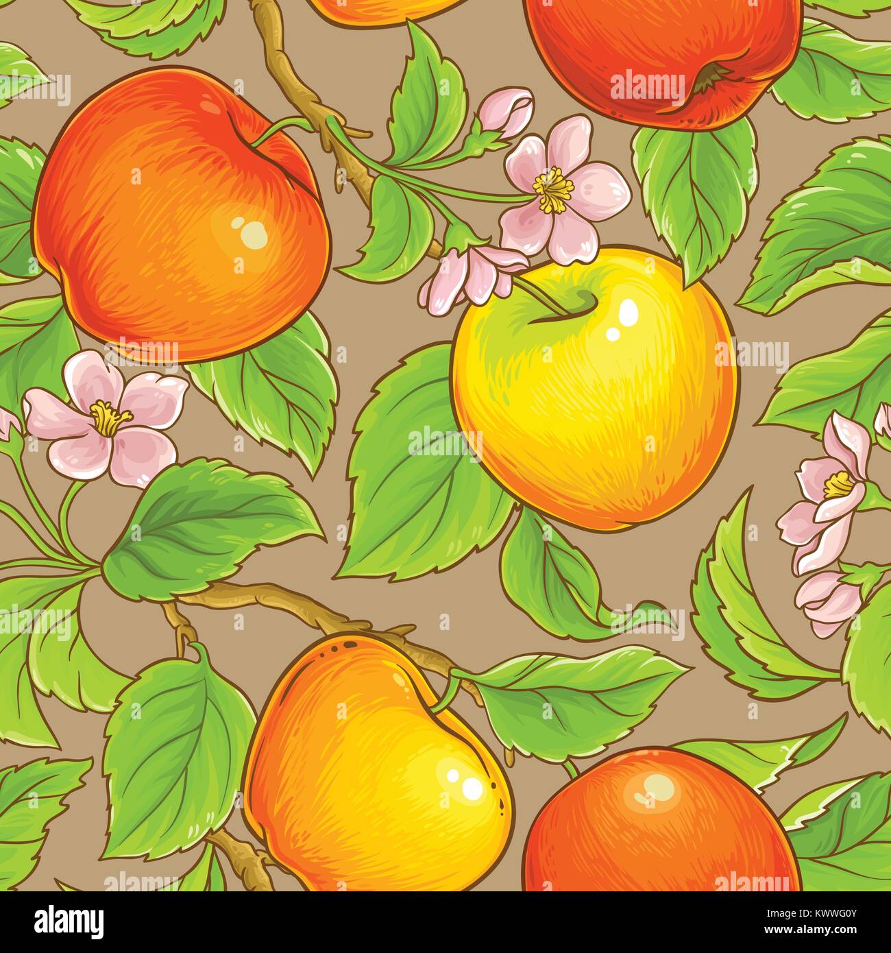 apple branches vector pattern on color background Stock Vector Image ...