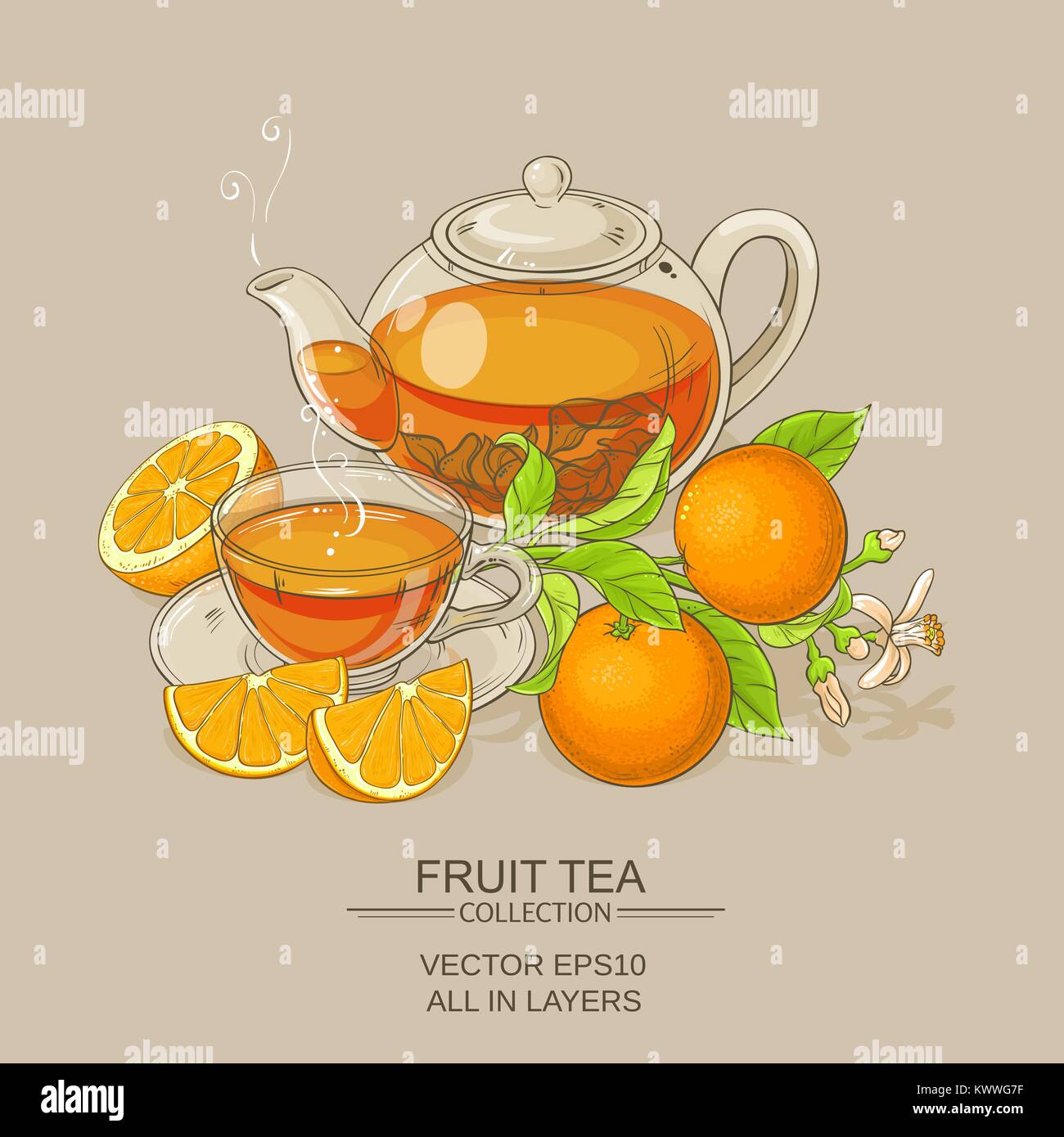 cup of orange tea and teapot on color background Stock Vector Image ...