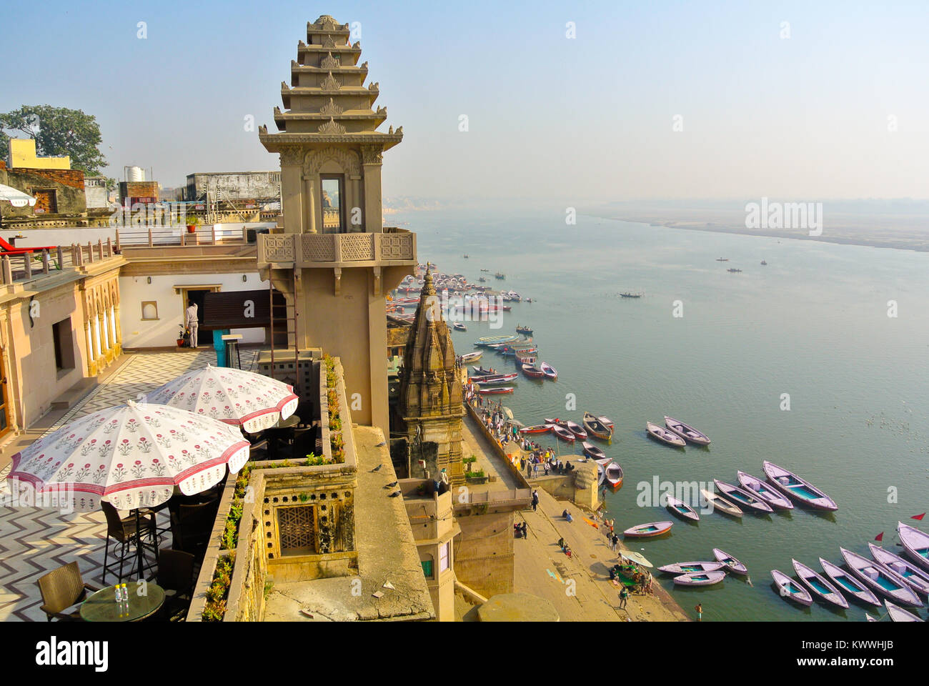 Varanasi, Uttar Pradesh, India, Cityscape of Banares with the Ganges ...