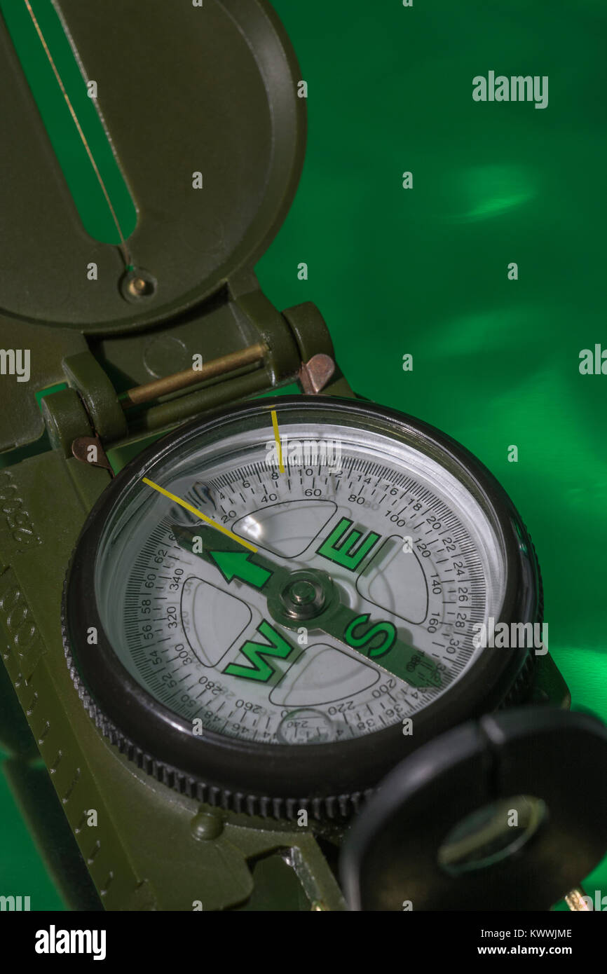 Macro-photo of compass rose face with needle. North direction, Outward ...