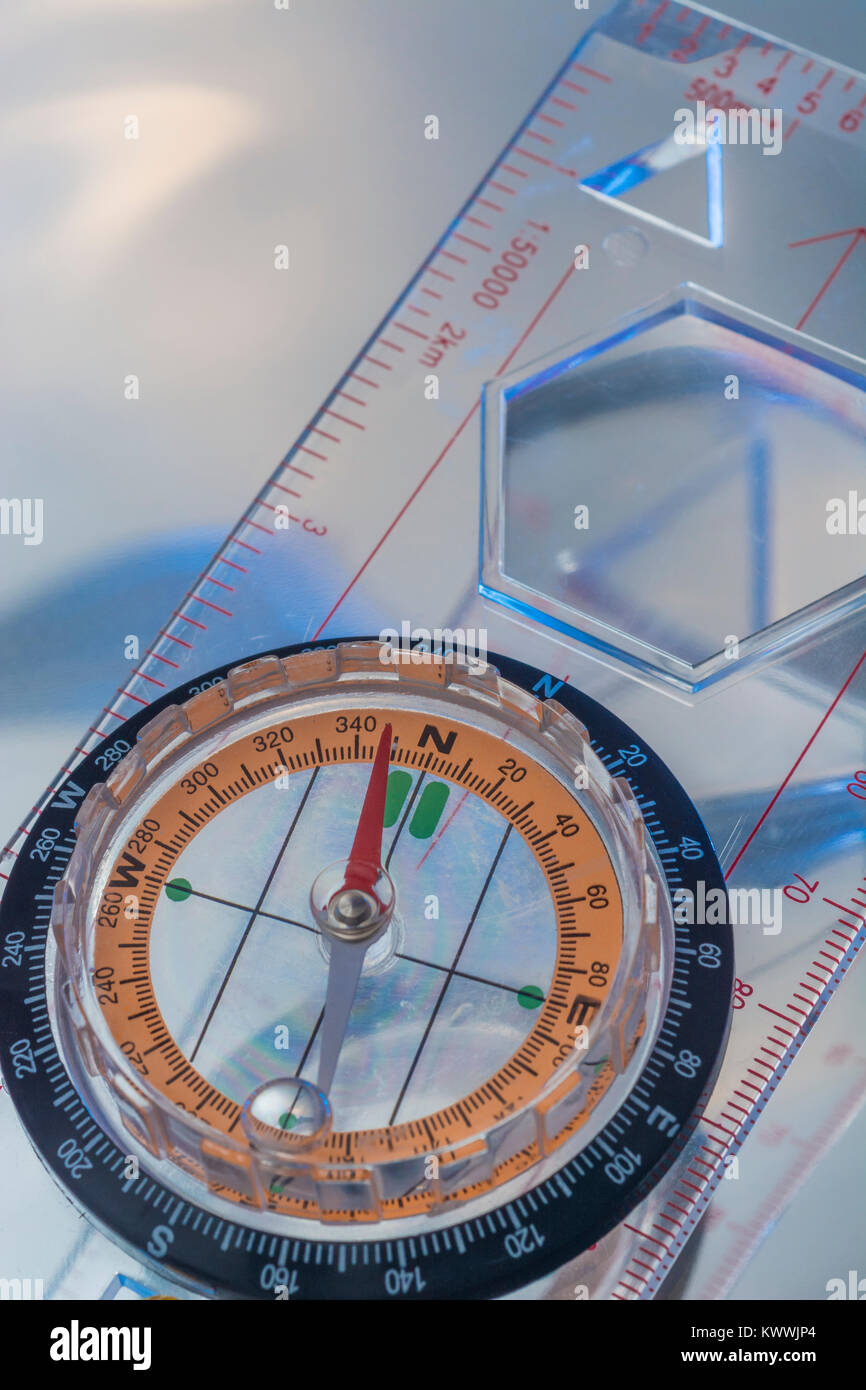 Macro-photo of compass rose face with needle - with copy space. North ...