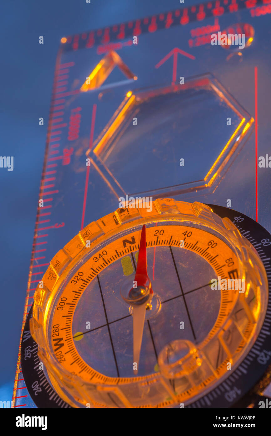 Macro-photo of compass rose face with needle. North direction. Night ...
