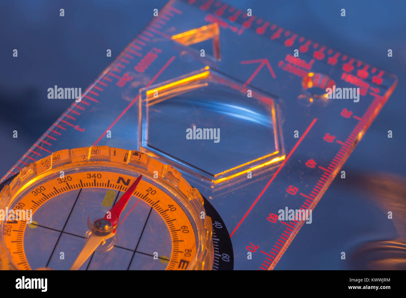 Macro-photo of compass rose face with needle. North direction. Night ...