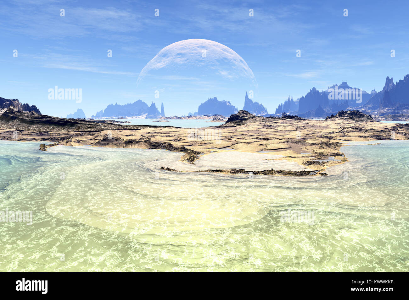 Fantasy alien planet. Mountain and water. 3D illustration Stock Photo ...