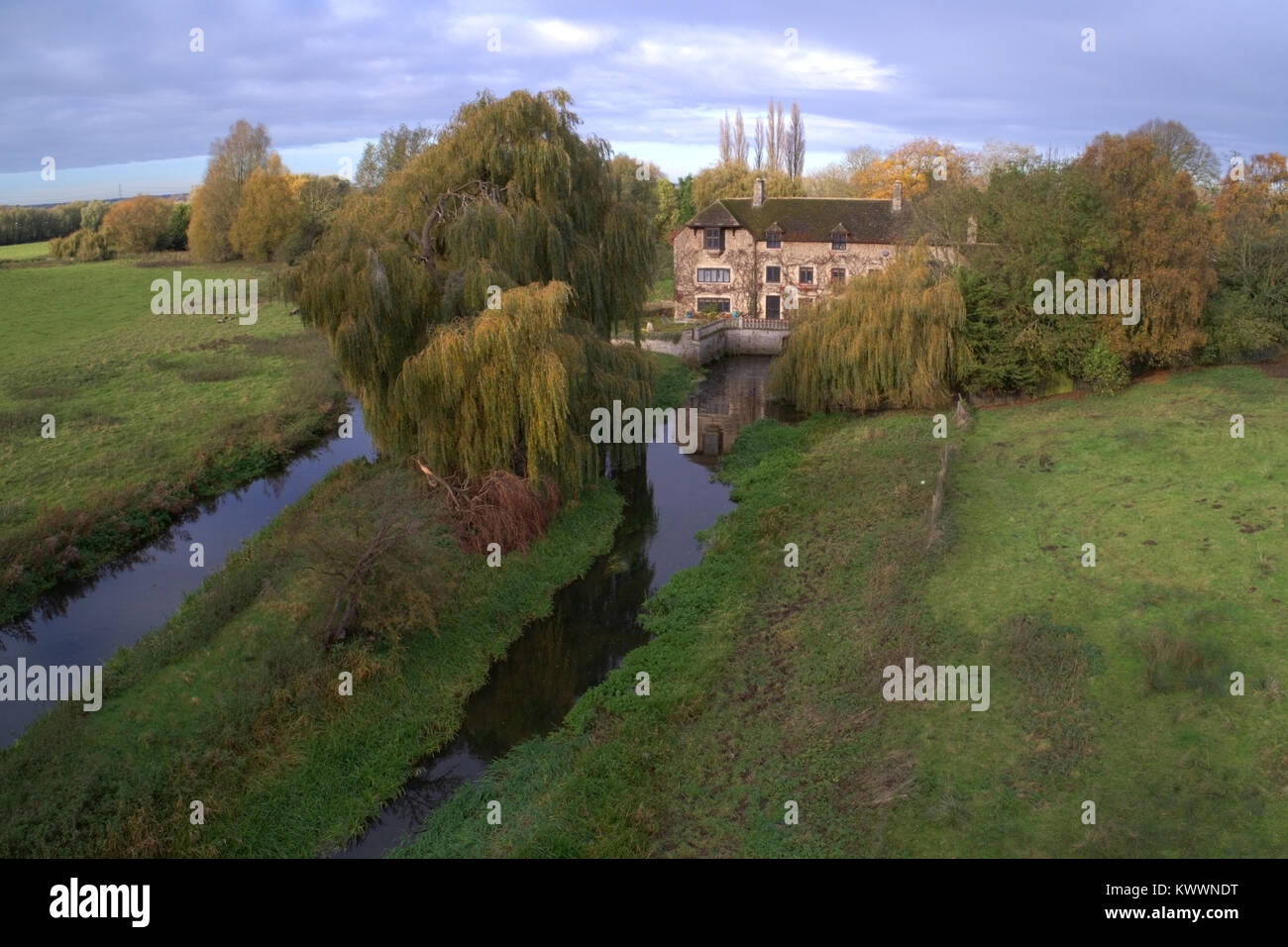 Drones view of the River Nene valley, Castor village, Cambridgeshire ...