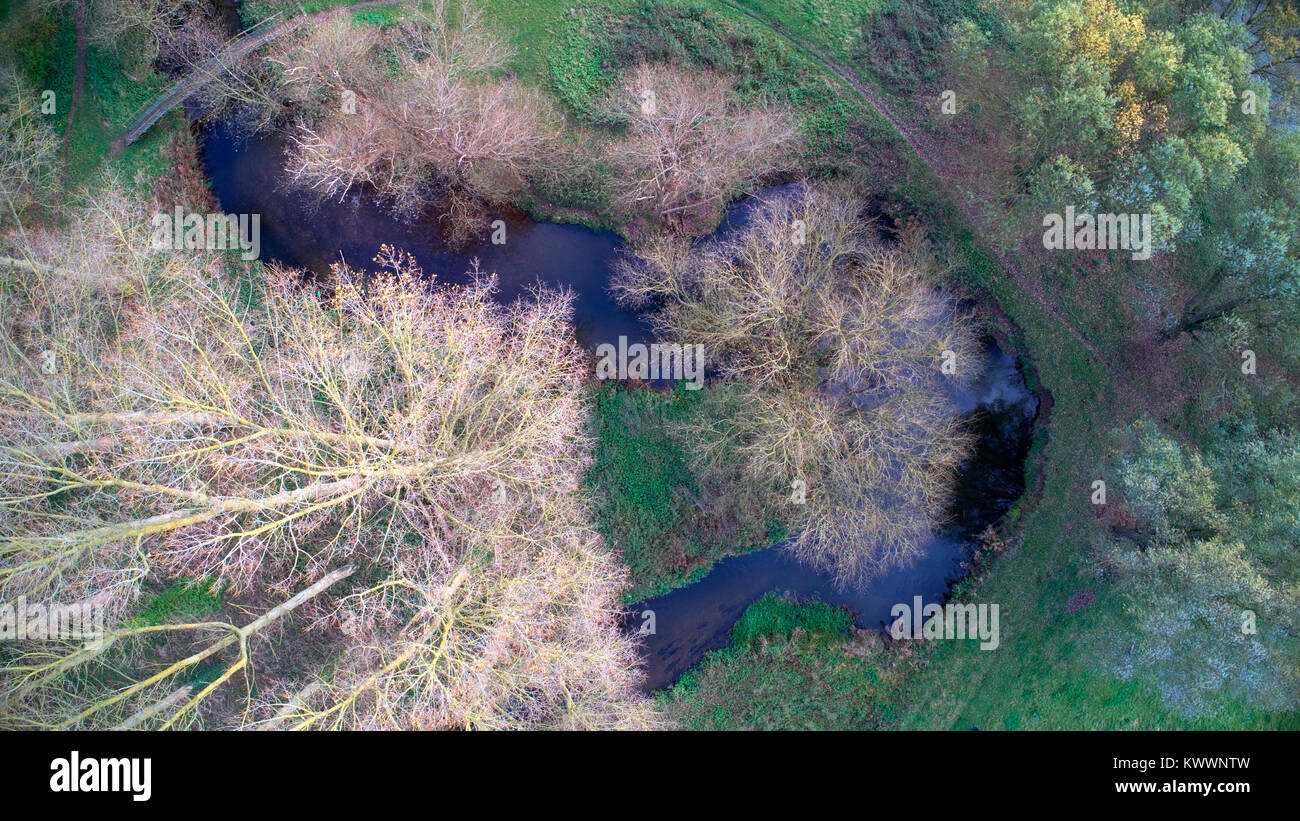 Drones view of the River Nene valley, Castor village, Cambridgeshire ...