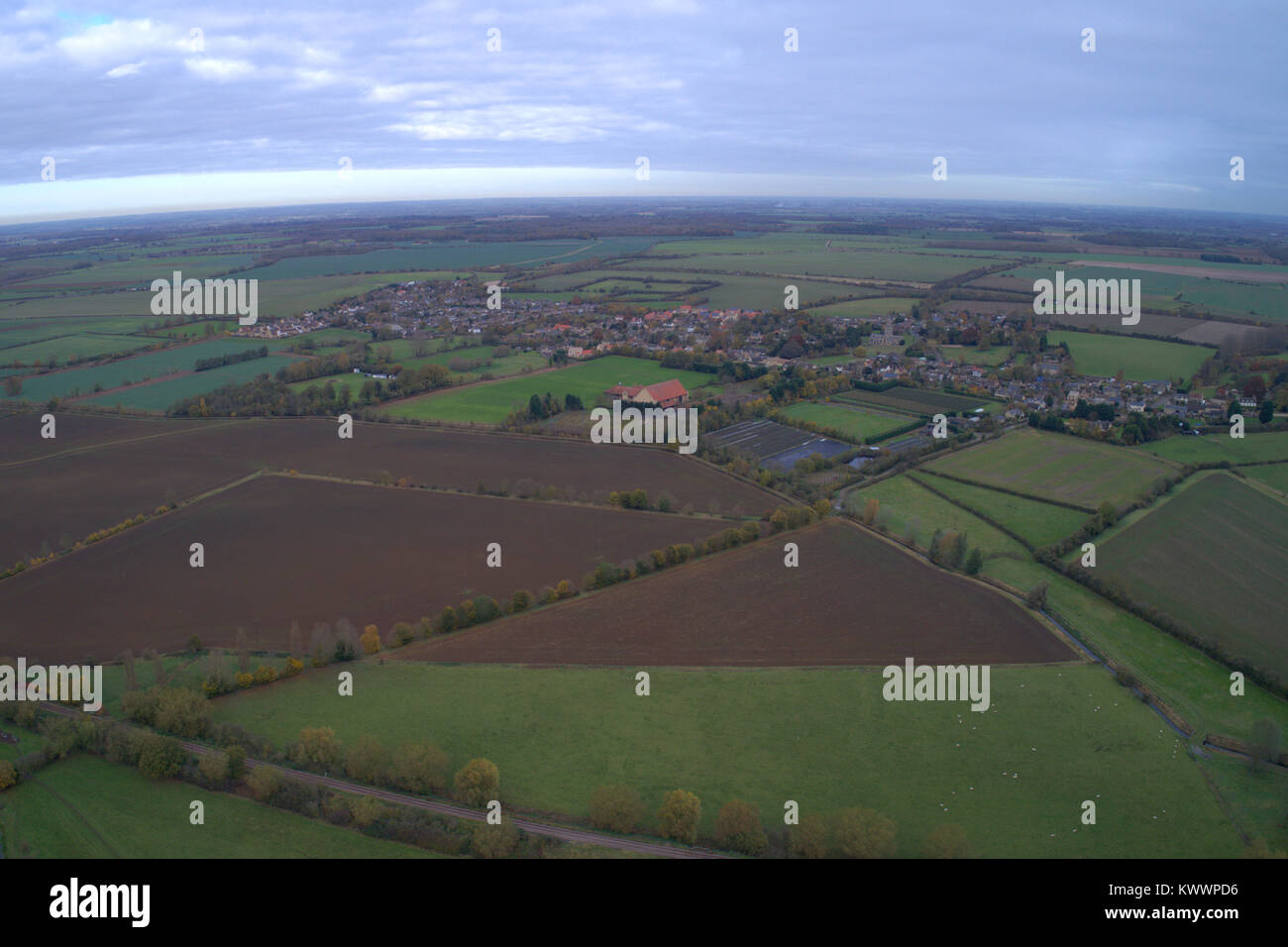 Drones view of the River Nene valley, Castor village, Cambridgeshire ...