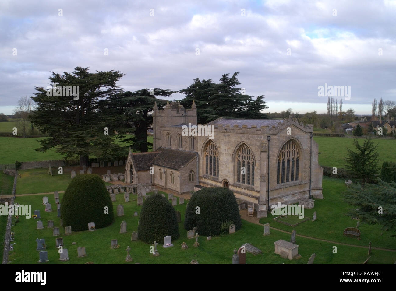 Drones view of St Marys church, Marholm village, Cambridgeshire ...