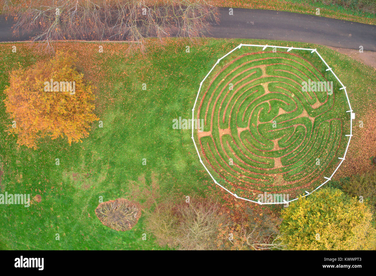 Drones view of the Turf Maze at Wing village, Rutland County, England ...