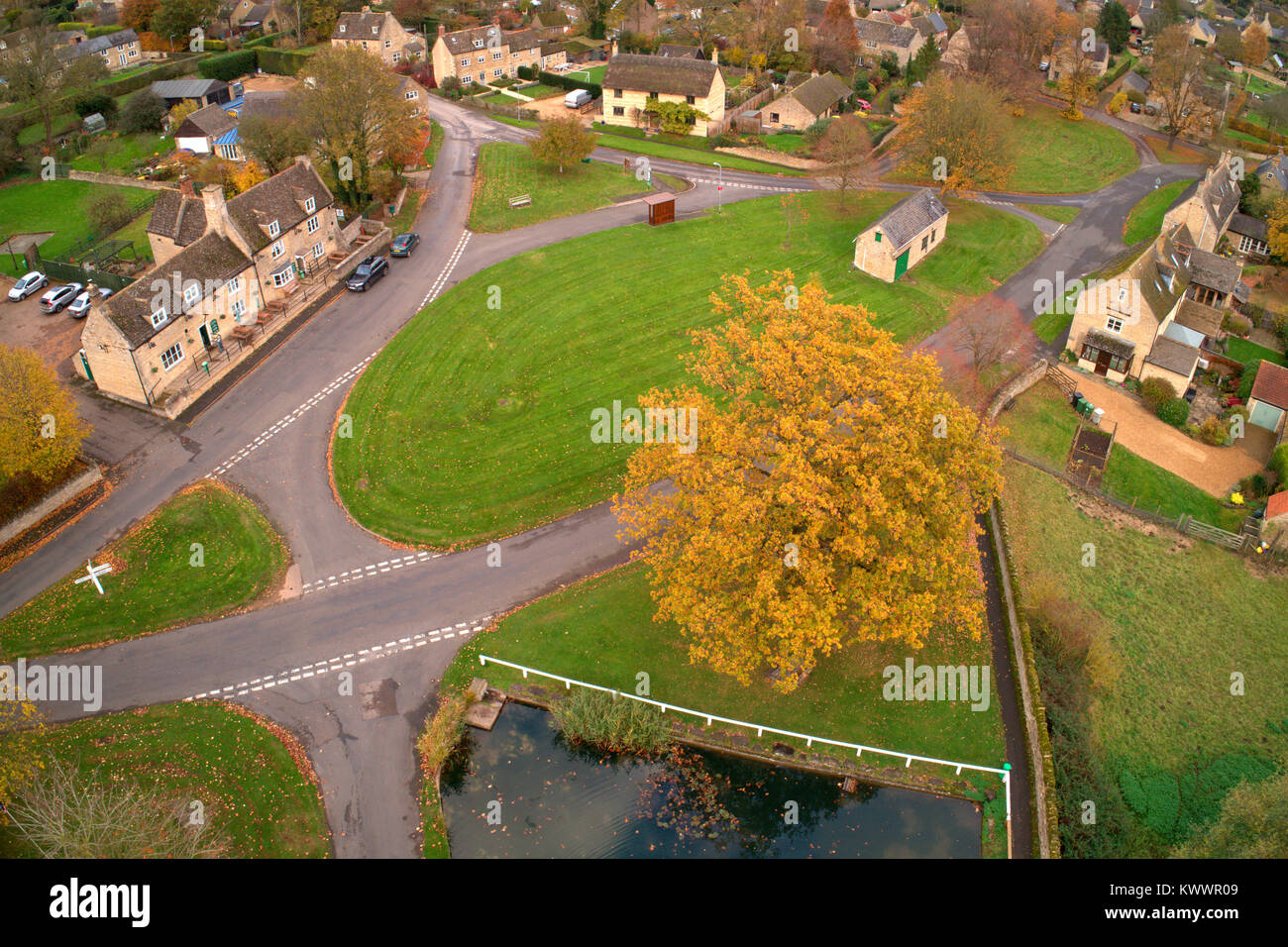 Drone view of Barrowden village green and pond, Rutland County, England ...