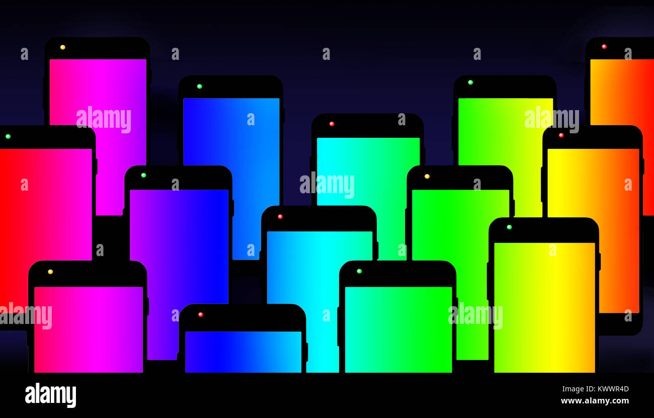 Colorful cell phones are arranged to make an interesting background ...
