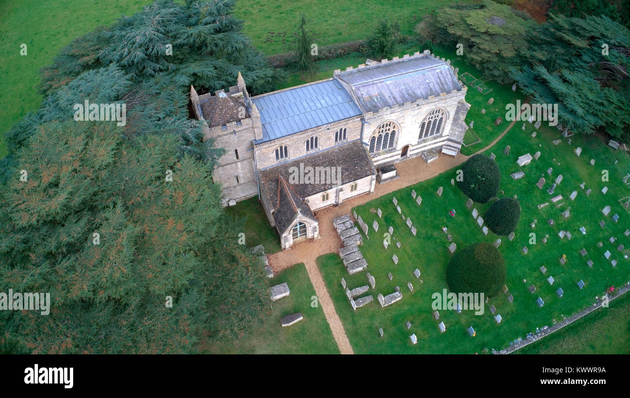 Drones view of St Marys church, Marholm village, Cambridgeshire ...