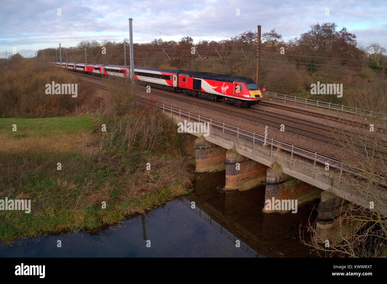 Drone view of 43307 Virgin Train, East Coast Main Line Railway ...