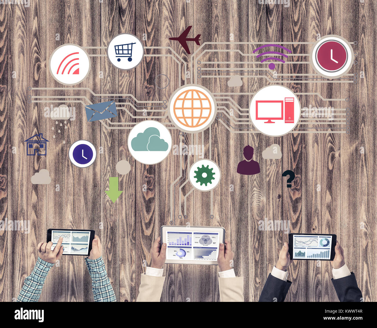 Group of three people with devices in hands working together as symbol ...