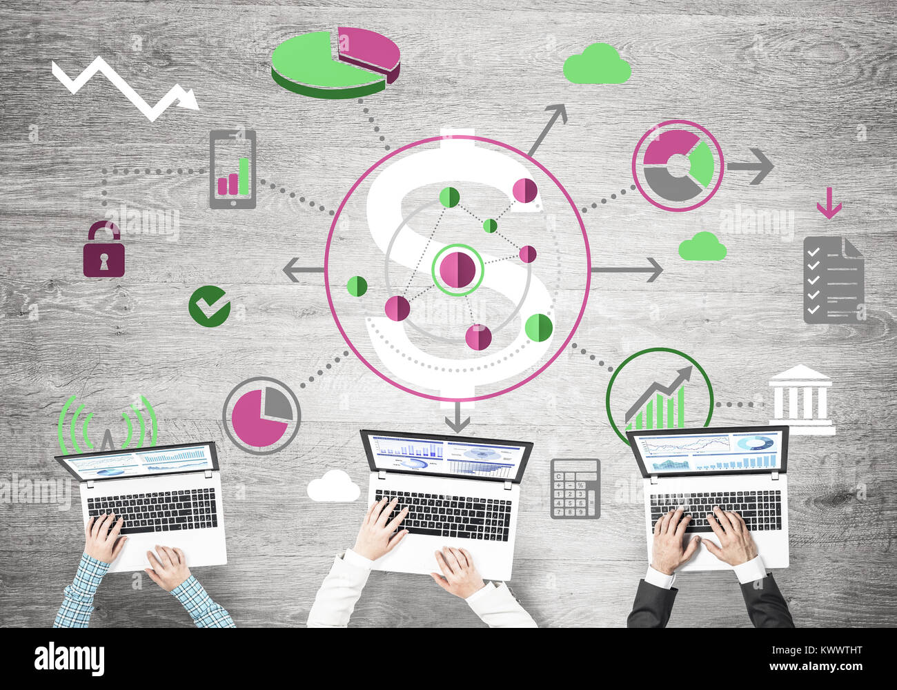 Group of three people with devices in hands working together as symbol ...