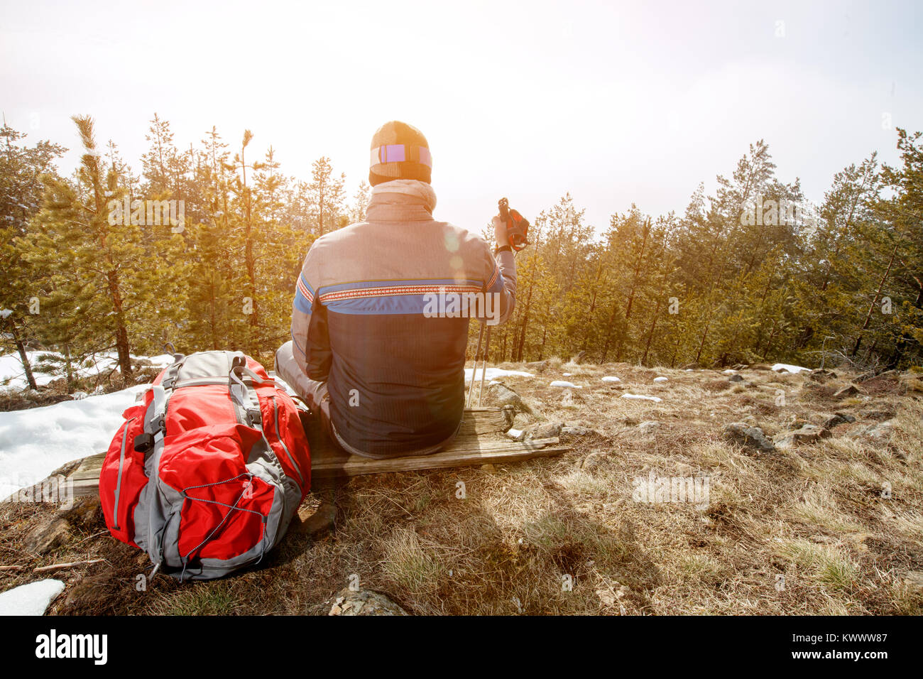 Back view of male hikers at pause from hiking in forest Stock Photo - Alamy