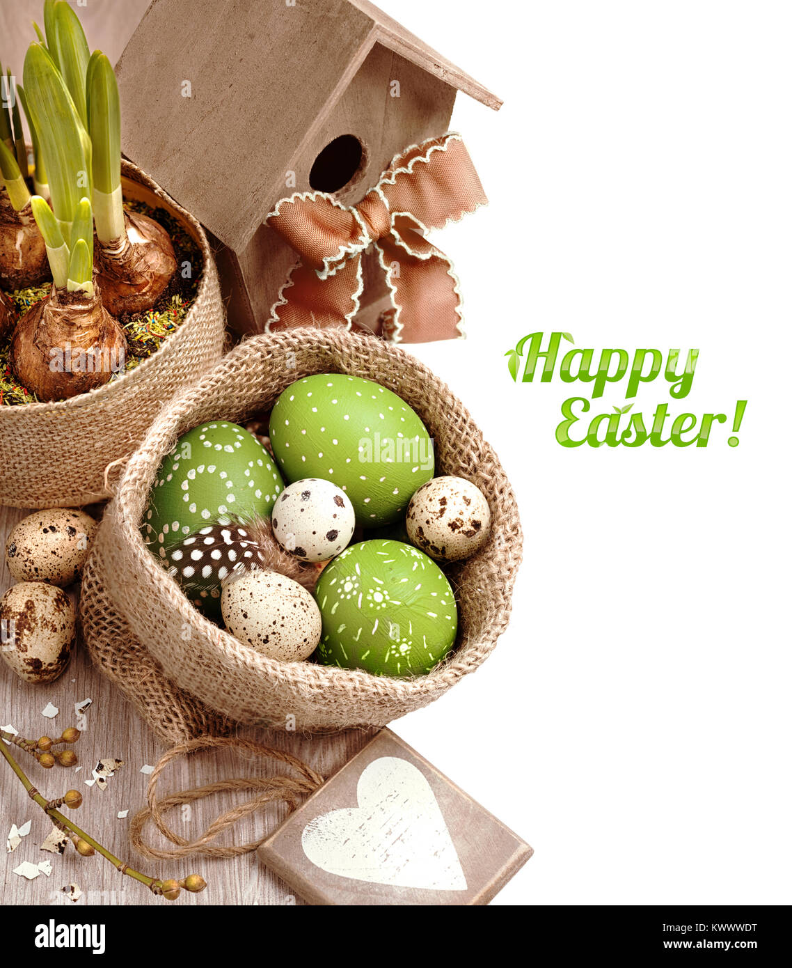 Easter arrangement with daffodil sprouts, painted eggs and caption ...