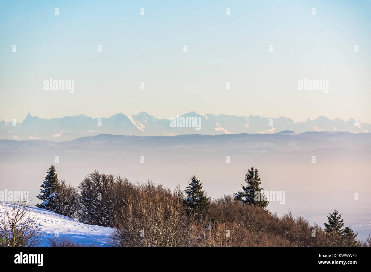 Beautiful view of the Alps from the Vosges mountains on late afternoon ...