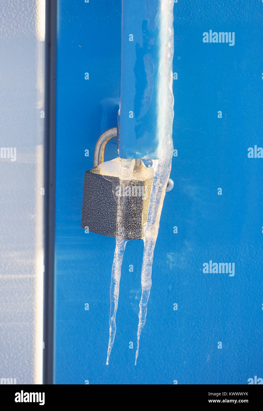 Lock on the switch box was covered with ice in the frosty time Stock ...