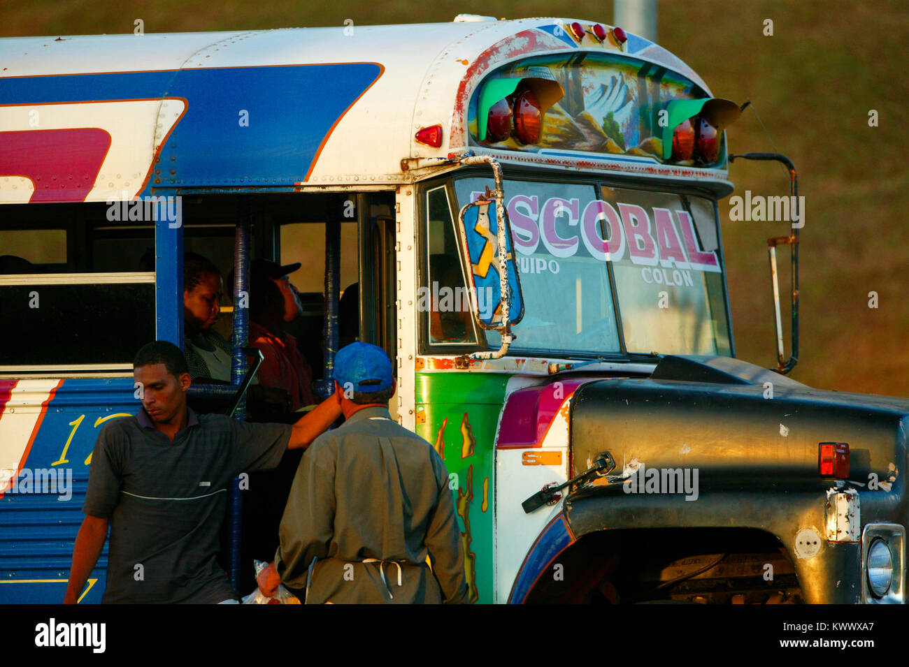 Public transportation with Diablo Rojo bus in Colon, Republic of Panama ...