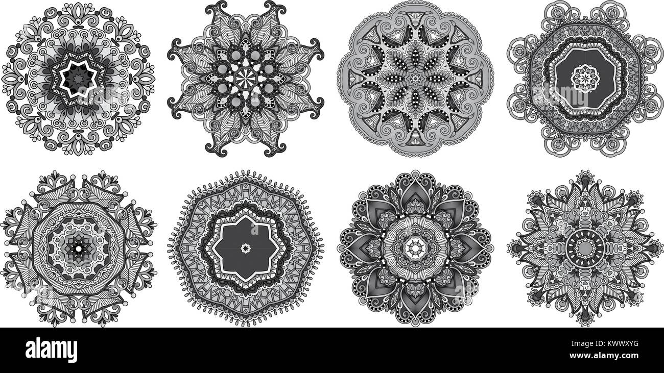 set of 8 circle paisley pattern to winter snowflakes design Stock ...