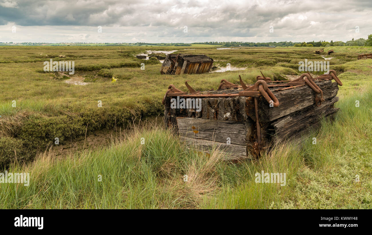 Old pontoons in the marshland near the River Crouch, Wallasea Island ...