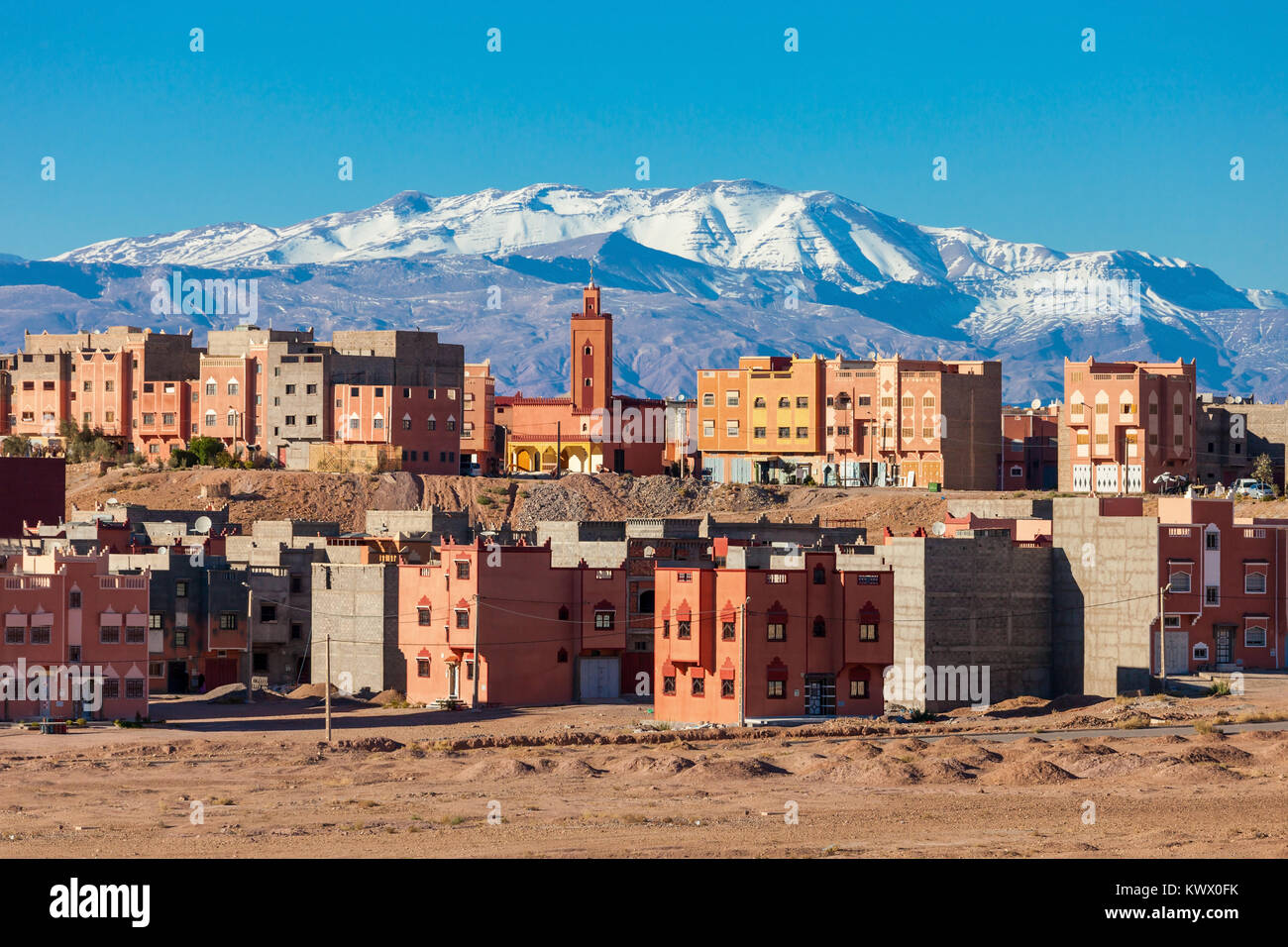 Ouarzazate city and High Atlas Mountains aerial panoramic view, Morocco ...