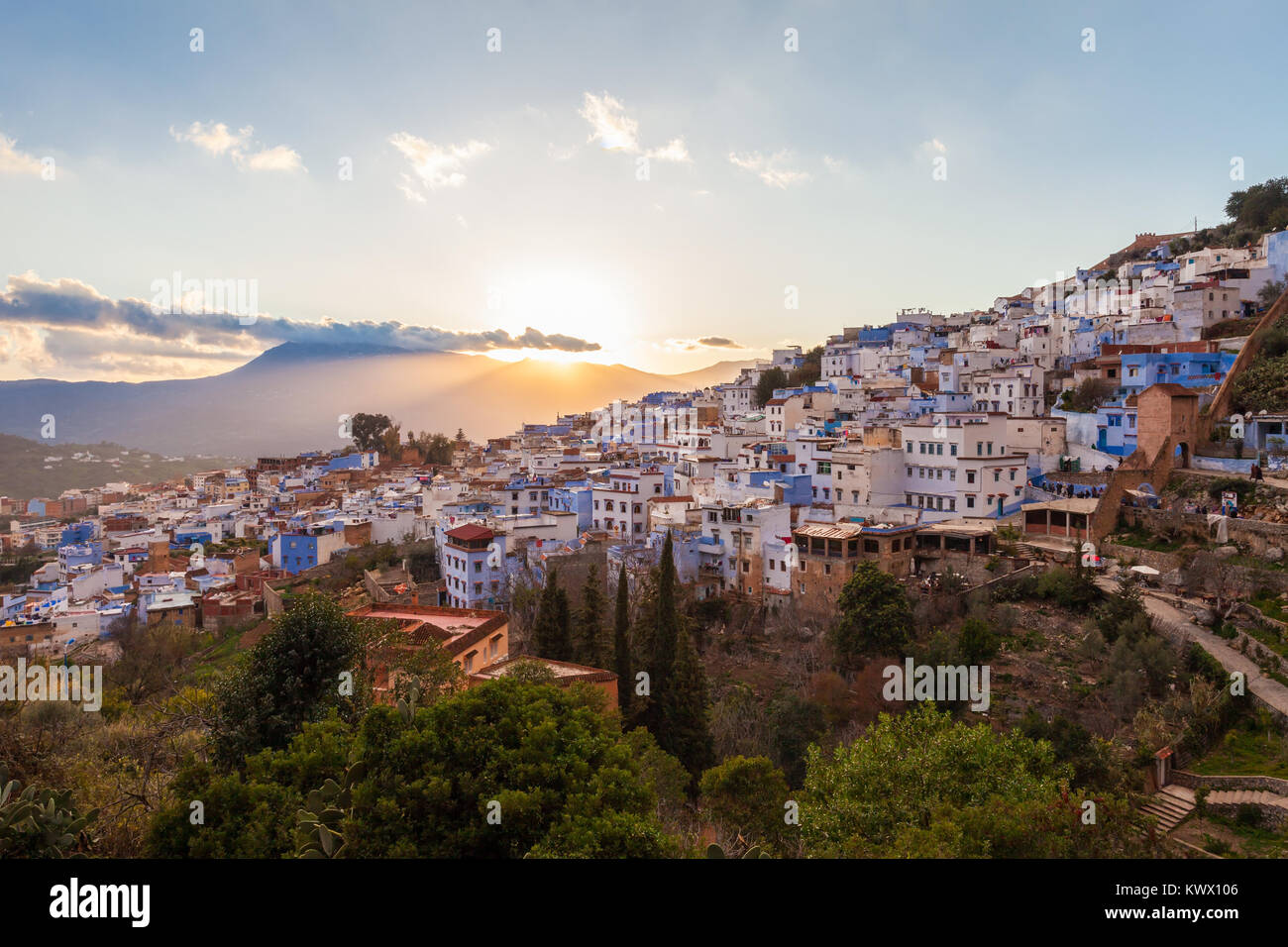 Chefchaouen aerial panoramic view at night. Chefchaouen is a city in ...
