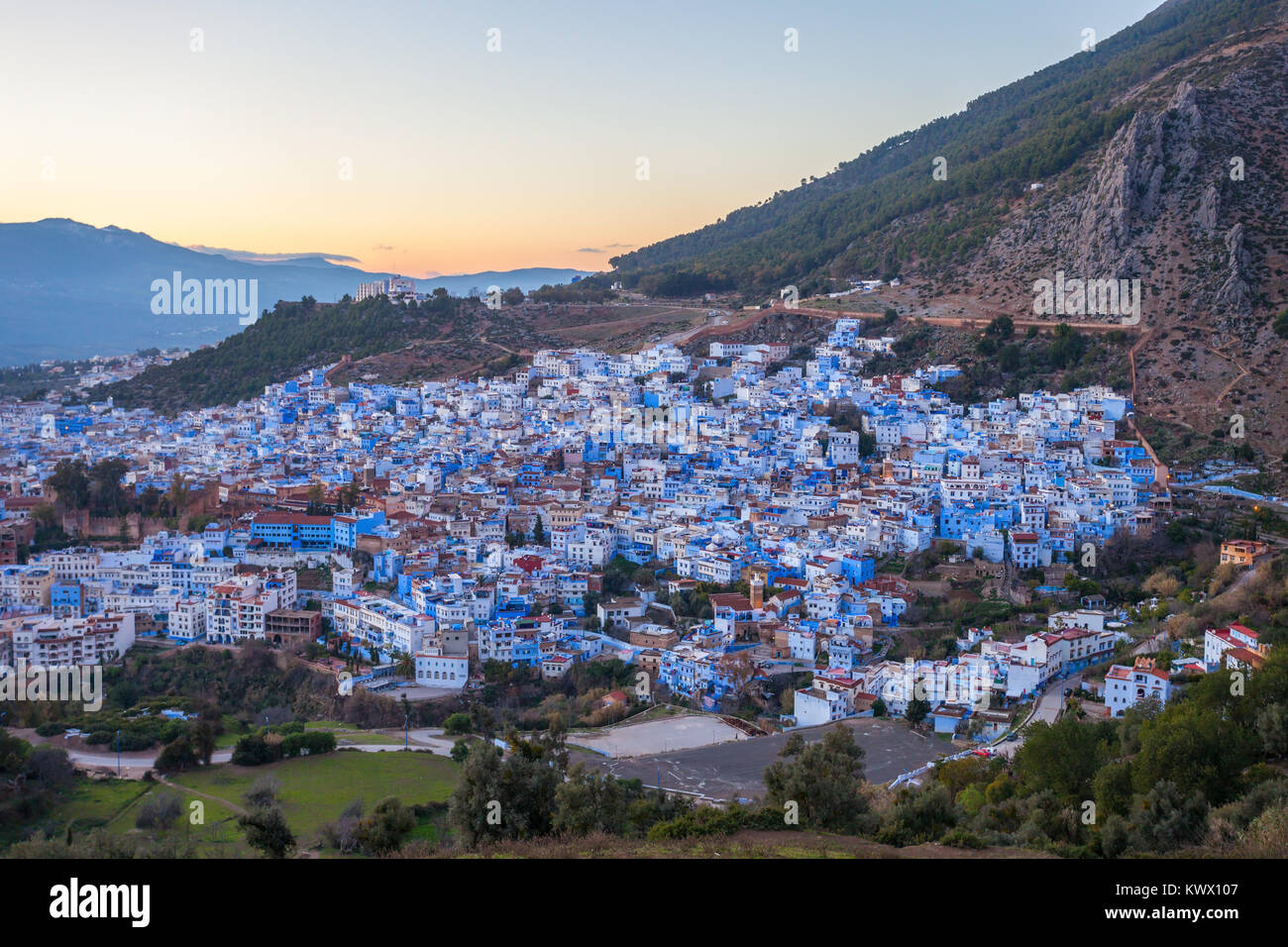 Chefchaouen aerial panoramic view at night. Chefchaouen is a city in ...