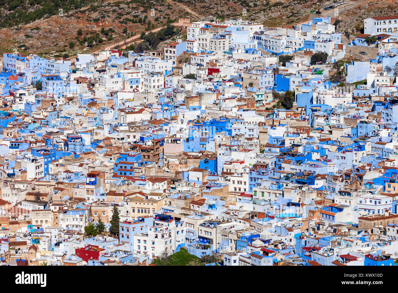 Chefchaouen aerial panoramic view, Morocco. Chefchaouen is a city in ...