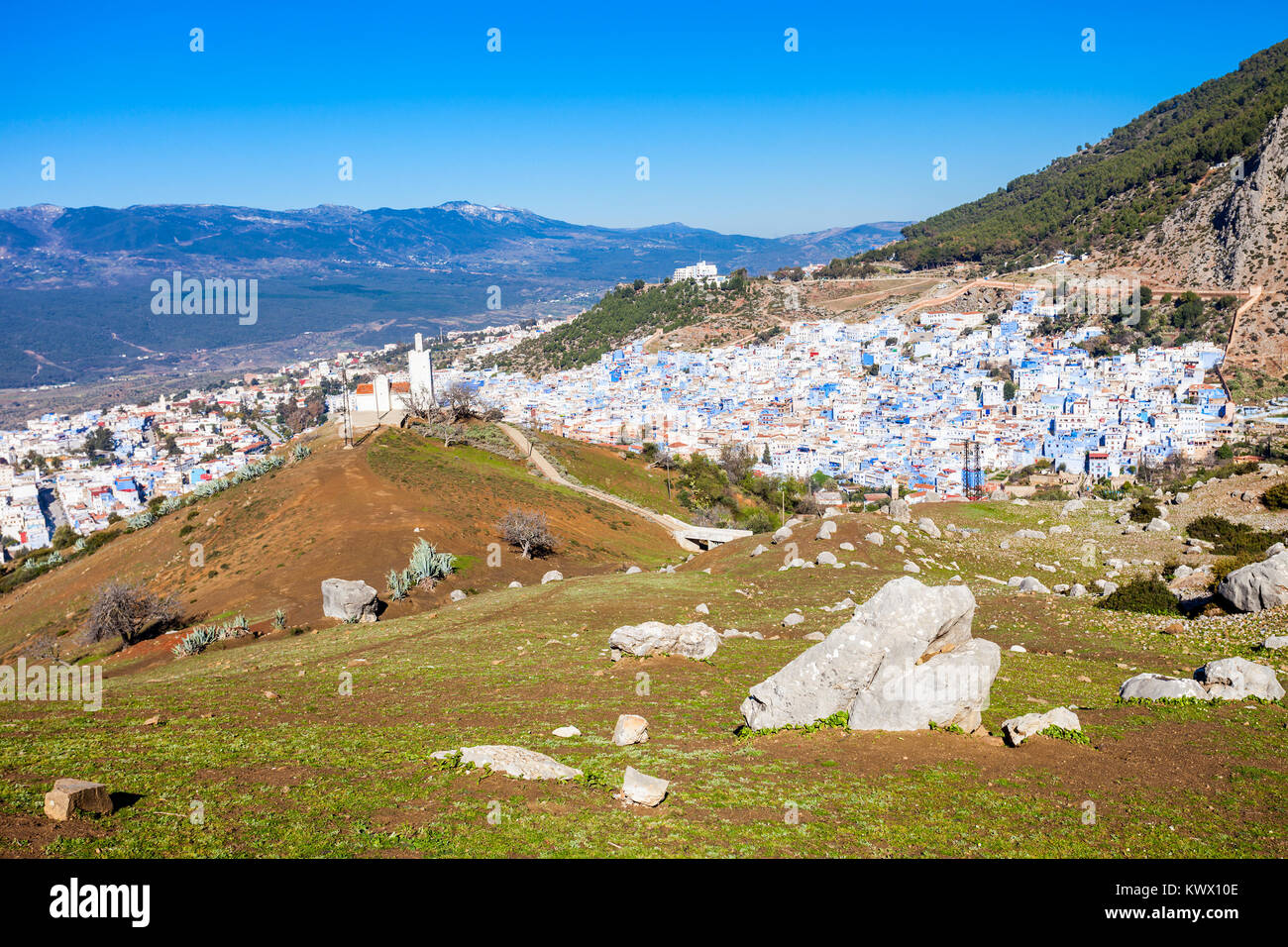Chefchaouen aerial panoramic view, Morocco. Chefchaouen is a city in ...