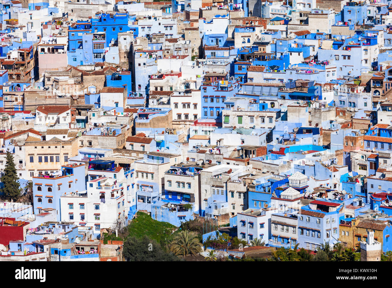 Chefchaouen aerial panoramic view at night. Chefchaouen is a city in ...