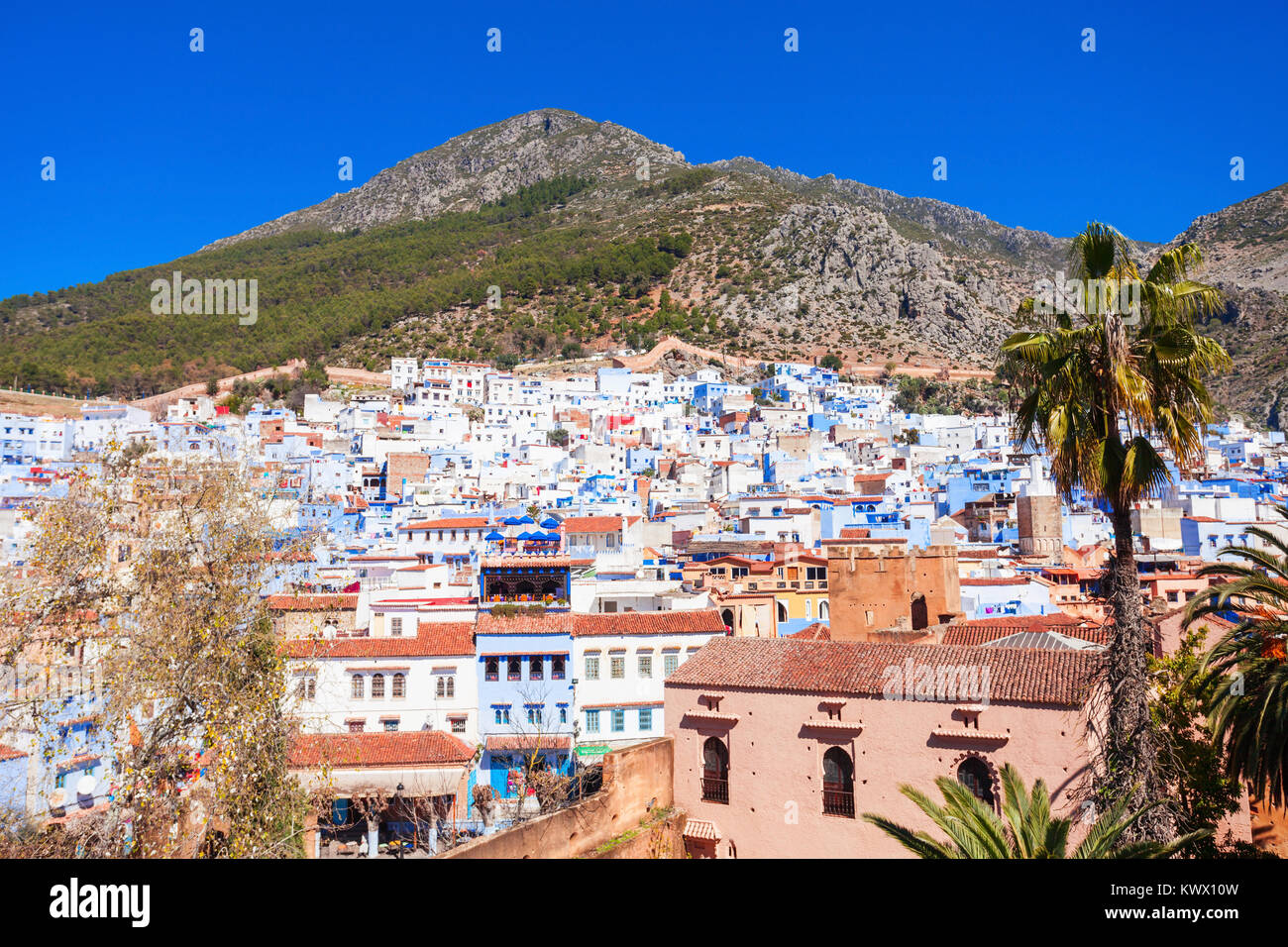 Chefchaouen aerial panoramic view from Kasbah in medina. Chefchaouen is ...