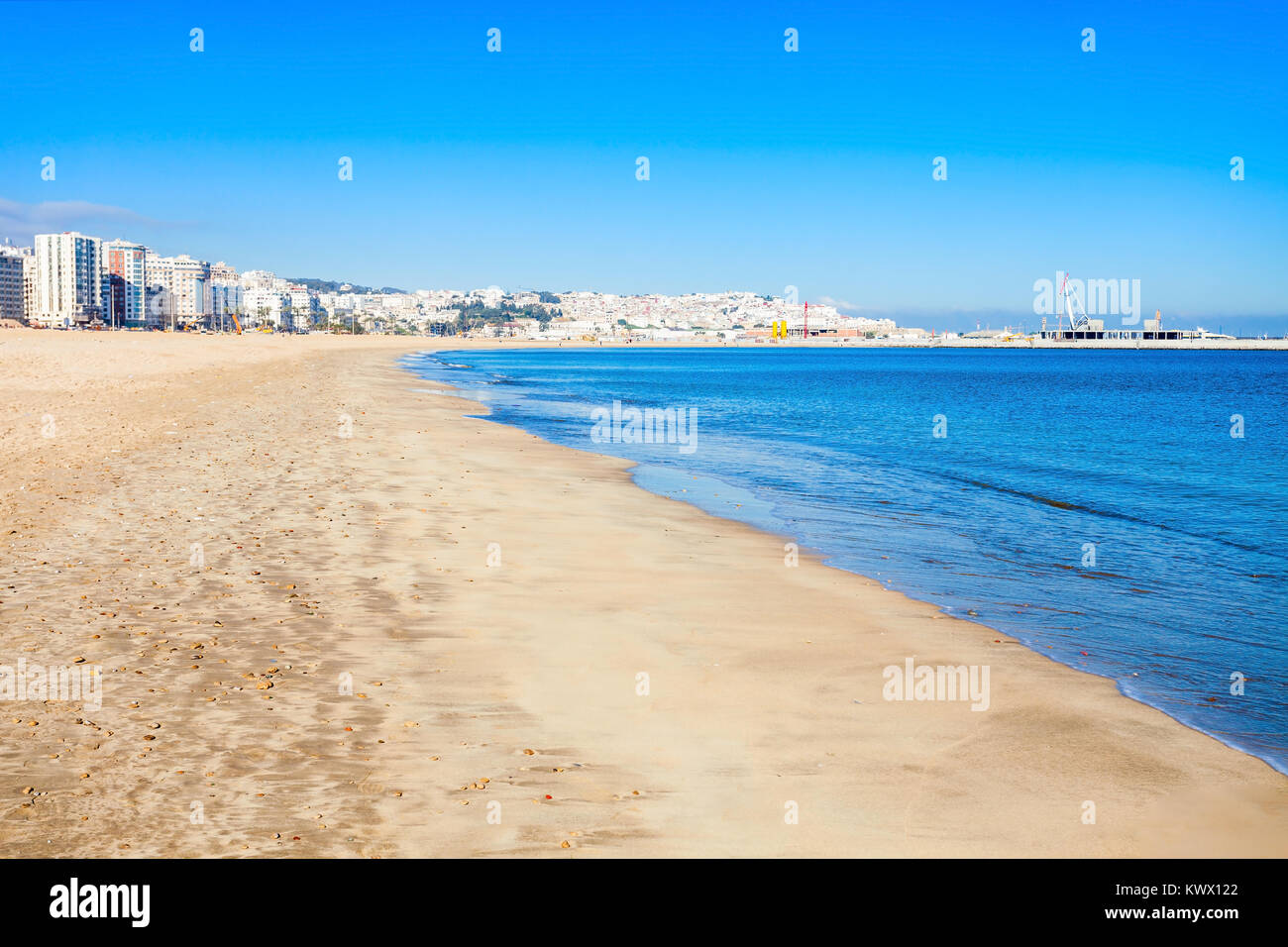 Tangier city beach in Tangier, Morocco. Tangier is a major city in ...