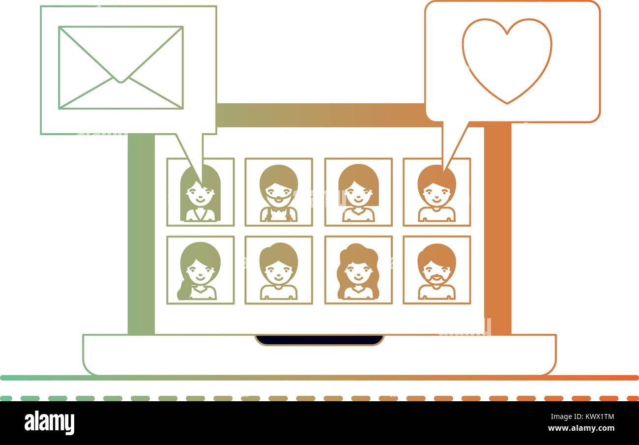 people picture profiles social network in laptop screen with dialogues ...