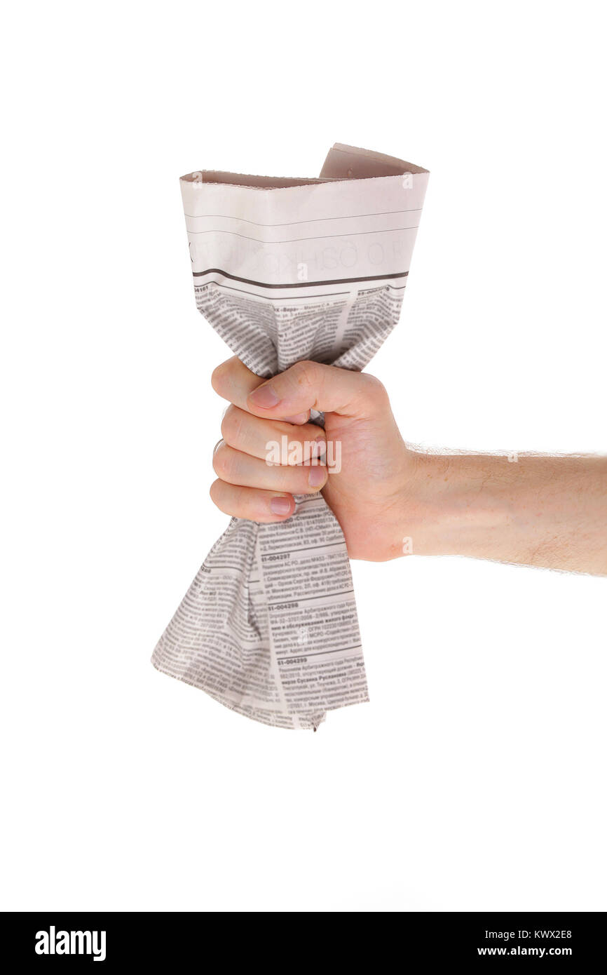 Male hand and newspaper isolated on white background Stock Photo - Alamy