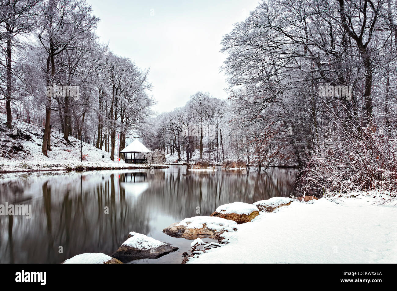 Winter landscape in park with lake. Helsingborg, Sweden Stock Photo - Alamy